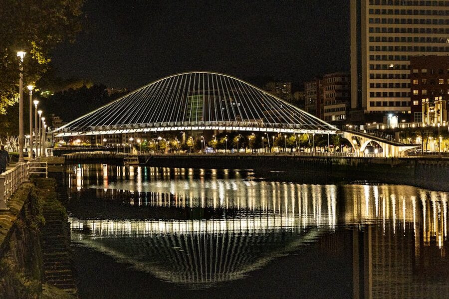 Zubizuri footbridge in Bilbao at night