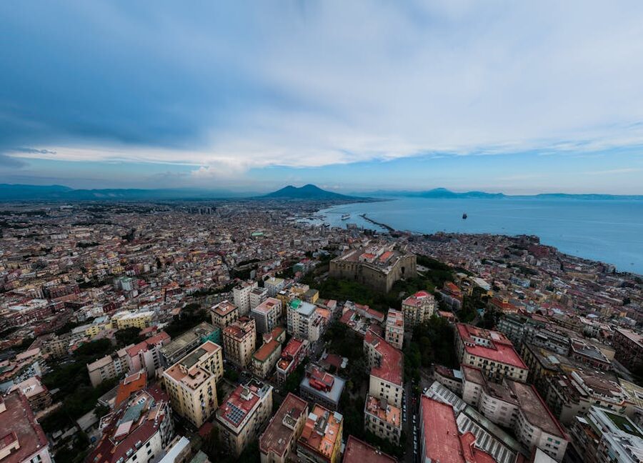 Panoramic view of Naples and Mediterranean with Mount Vesuvius