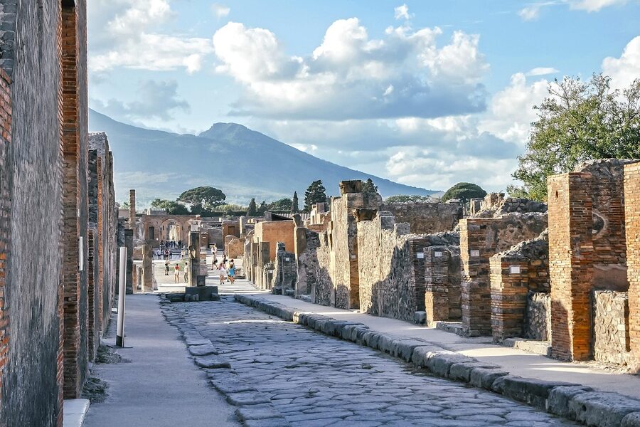 Pompeii ruins with Mount Vesuvius behind