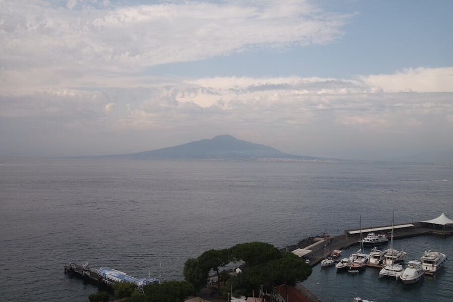 Sorrento harbor with Mount Vesuvius in the distance