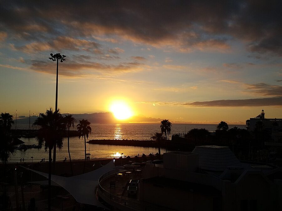 Sunset over Puerto Colon marina, Costa Adeje, Tenerife