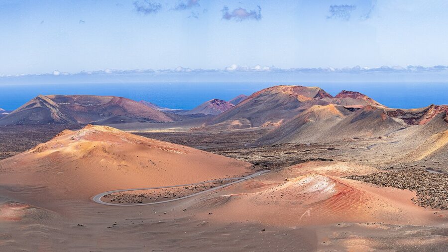 Timanfaya National Park landscape with volcanic cones