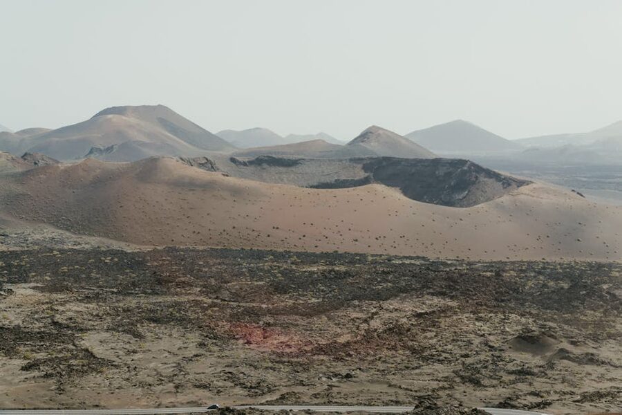 Sweeping volcanic landscape vista in Timanfaya