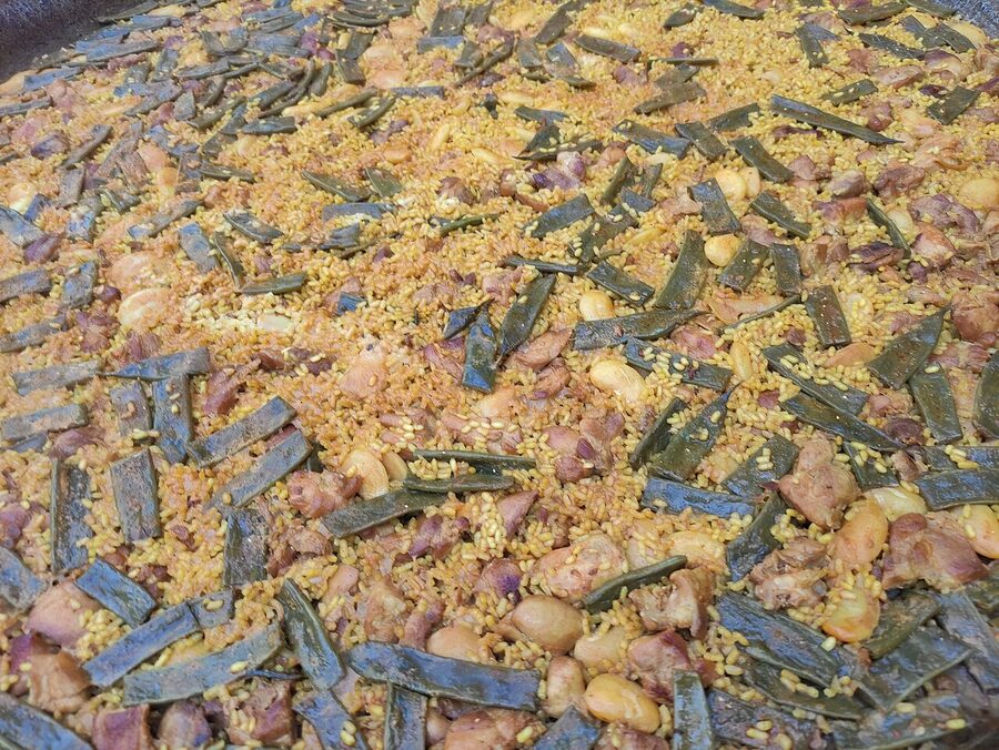Paella Valenciana served at the table