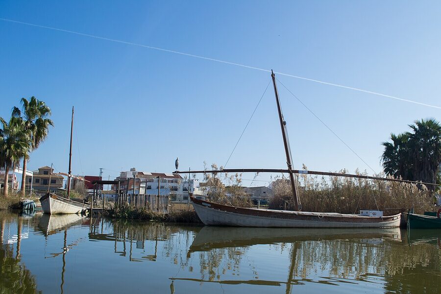 Fleet of Albufera tour boats moored