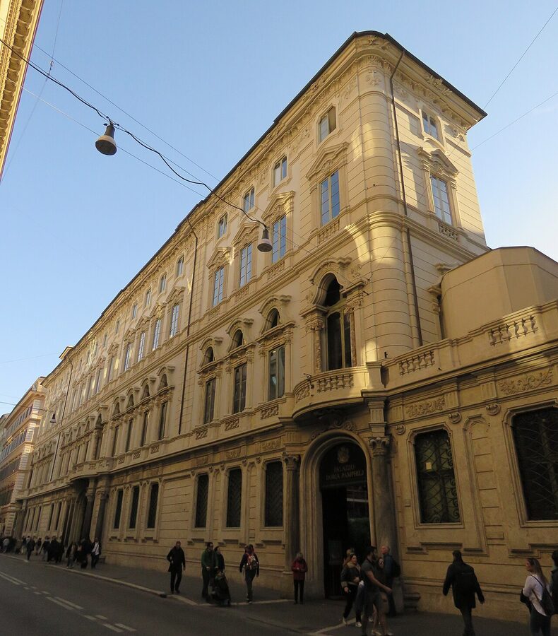 Gallery hall hung with paintings at Doria Pamphilj Rome