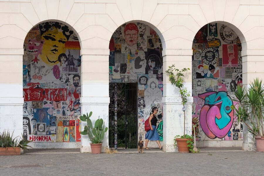 Rome street art and graffiti on a colonnade