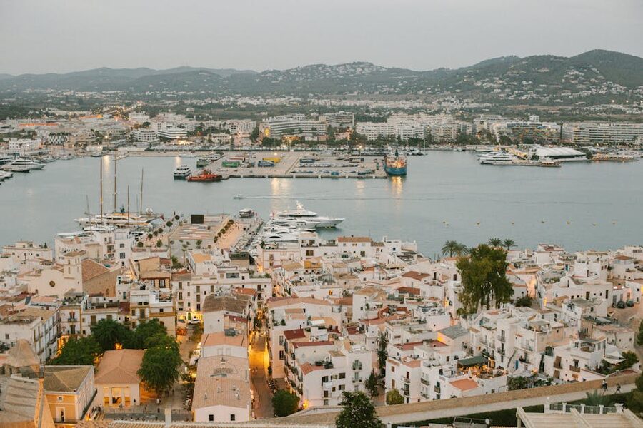 Ibiza port aerial view with yachts and ferry terminals