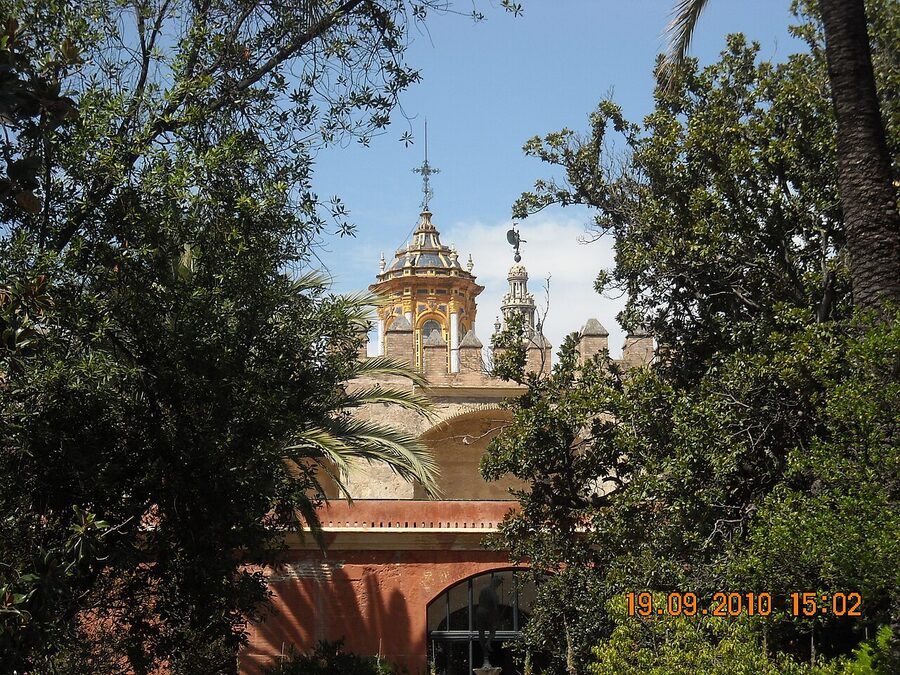 Trees and pathways inside Alcazar Seville gardens