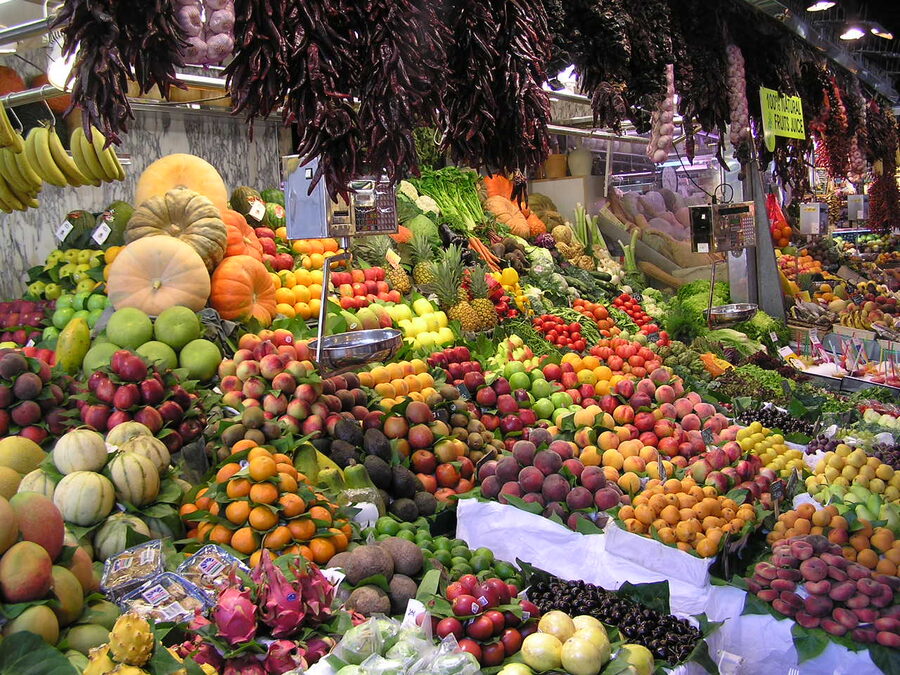 Fresh fruit display at La Boqueria market Barcelona