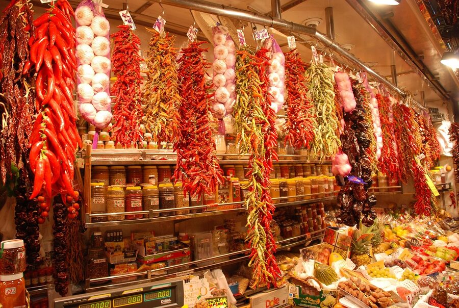 Peppers and vegetables at La Boqueria food market Barcelona