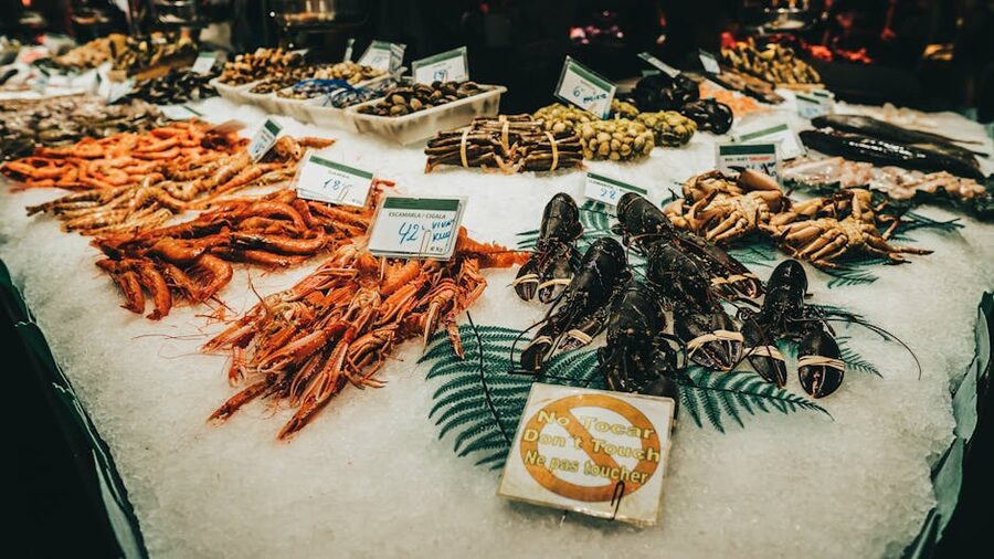 Fresh seafood display at La Boqueria market Barcelona