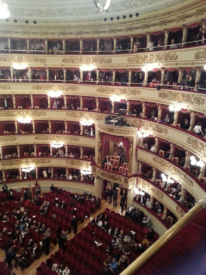 La Scala Milan auditorium during the interval of a Verdi Aida performance