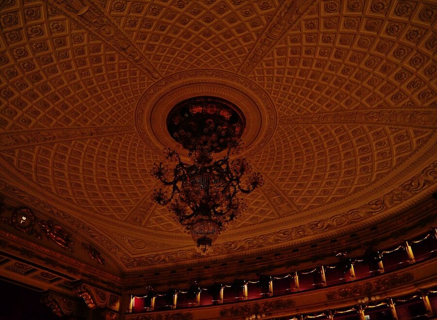 La Scala Milan auditorium ceiling painting and chandelier