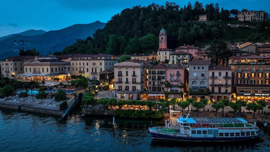 Aerial view of Bellagio waterfront on Lake Como at evening