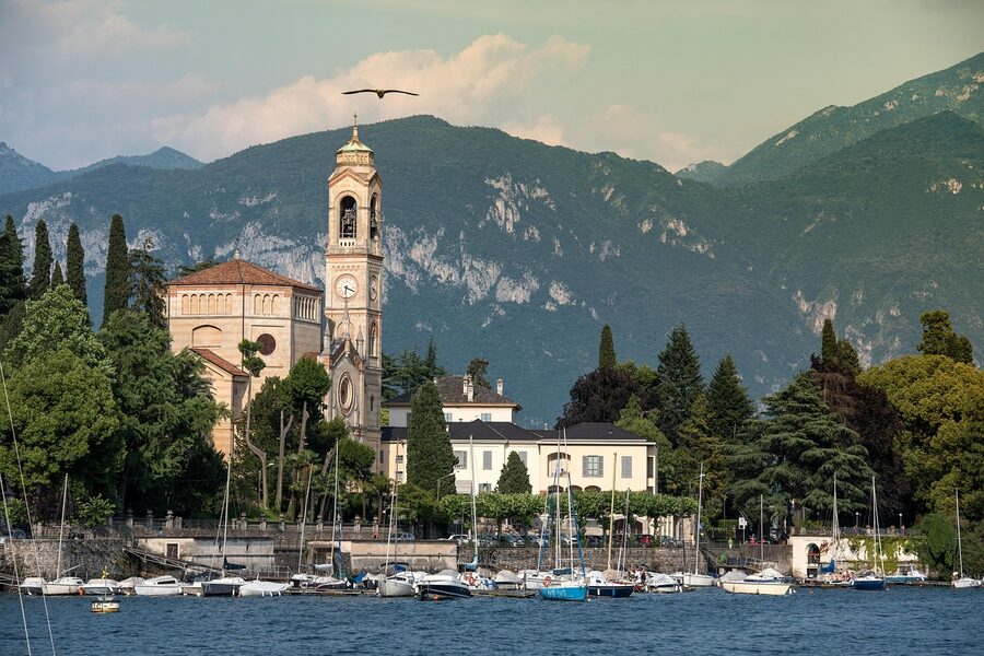 Lake Como with church tower in an Italian lakeside town
