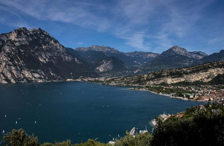 Panoramic view of Lake Garda with mountains in the background