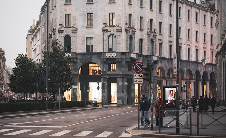 Historic street in central Milan with classic architecture