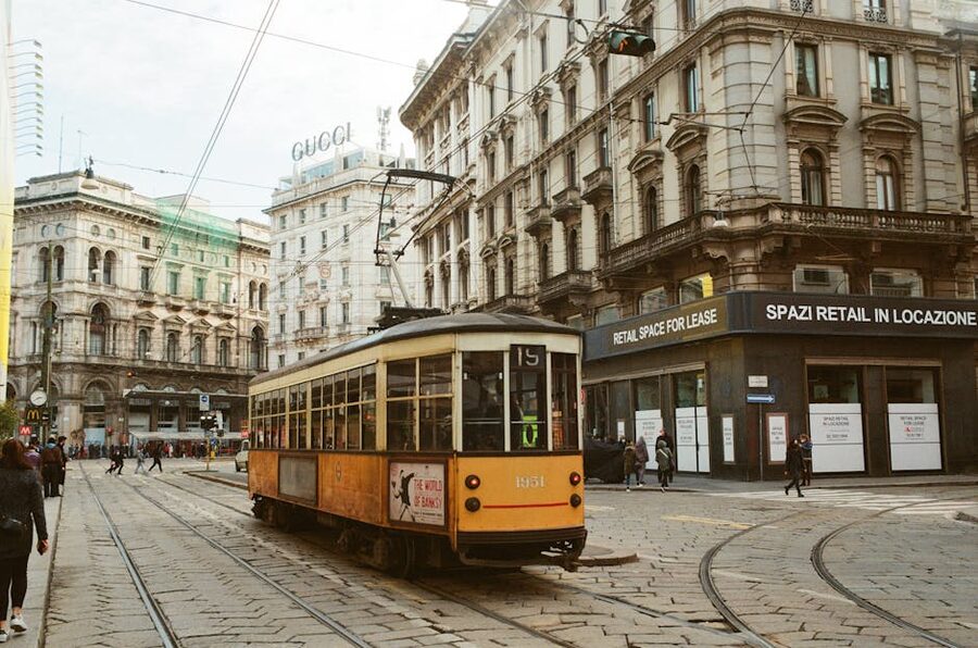 Yellow tram on a Milan street
