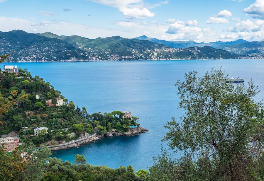 Liguria coastline along the Ligurian sea with cliffs and lush greenery
