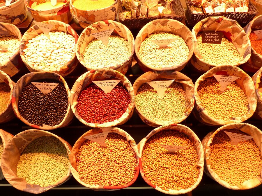 Mercado de San Anton Madrid food stalls with fresh produce and fish