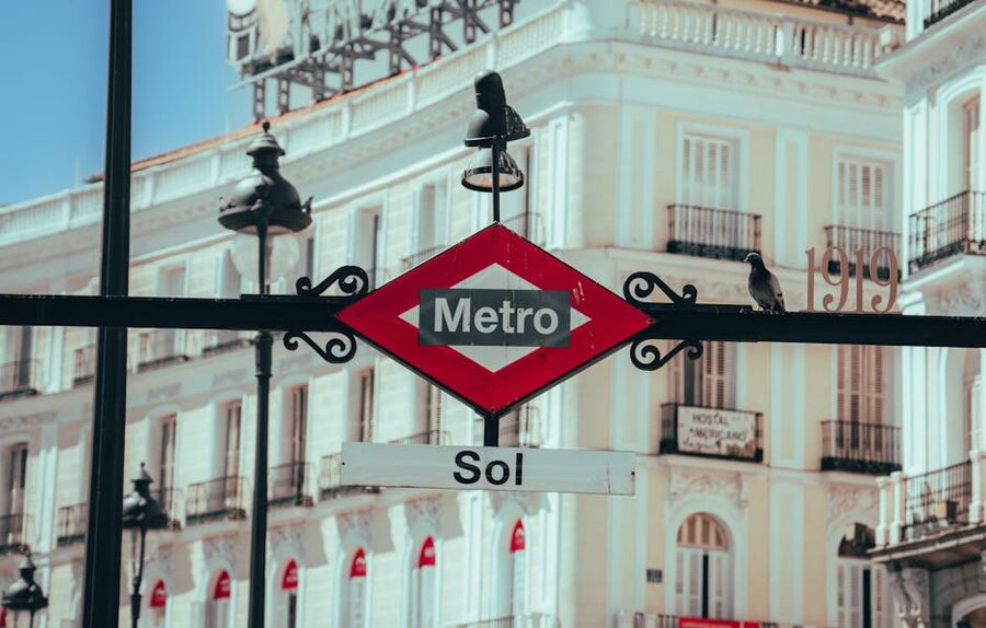 Sol metro entrance sign in central Madrid