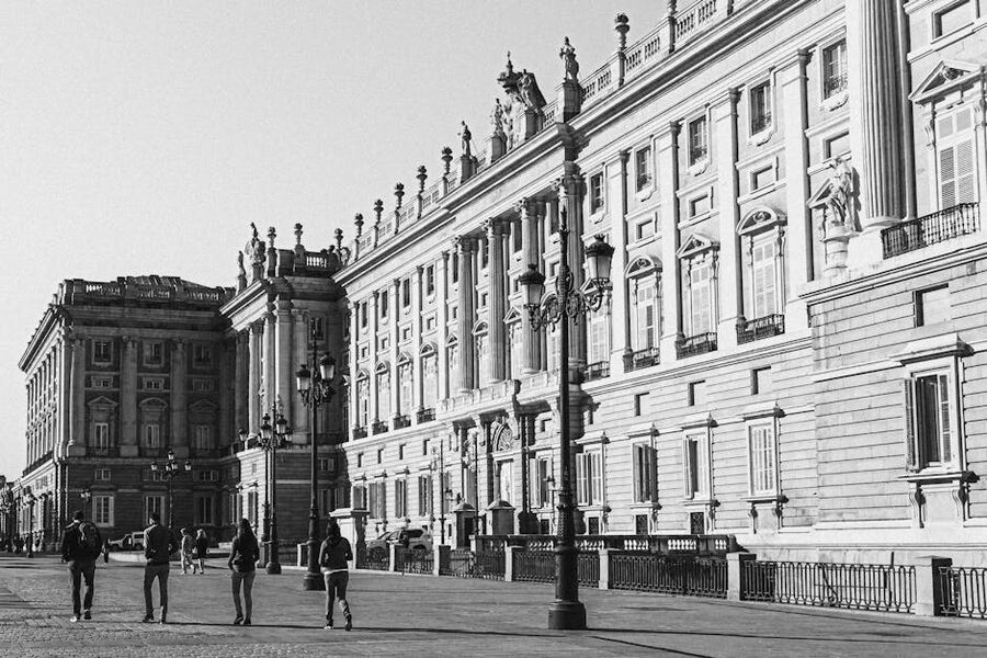 Royal Palace of Madrid facade in black and white