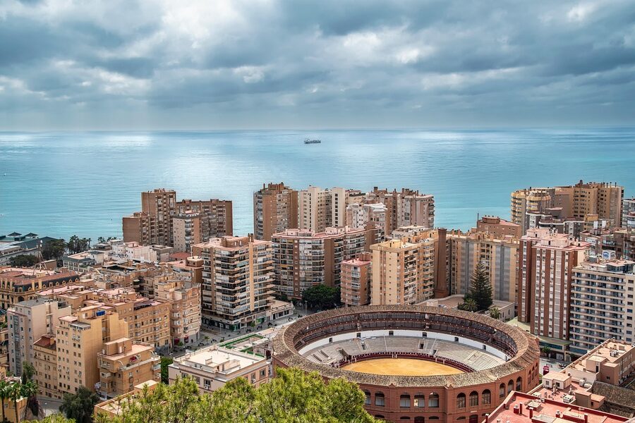 View over Málaga city, the bullring and the coast