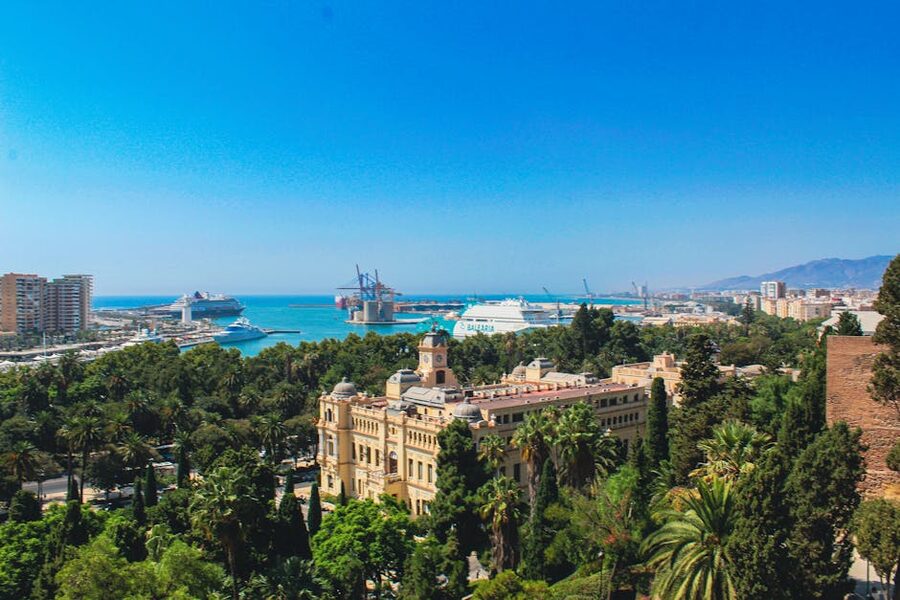Aerial view of Málaga port and city