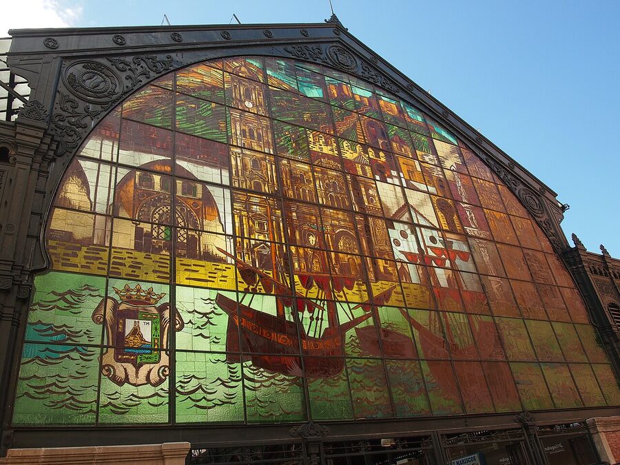 Stained glass window inside Atarazanas Market Málaga