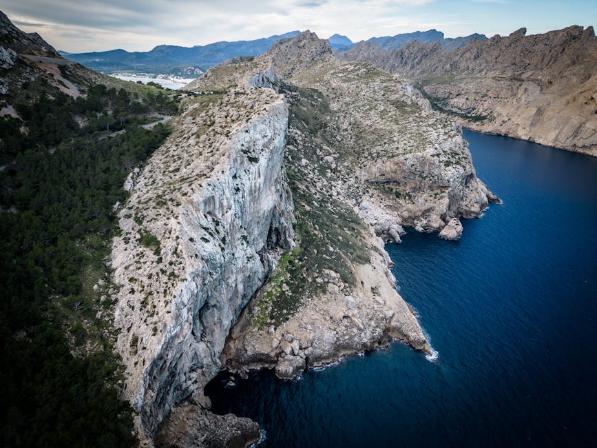 Aerial of Mallorca cliffs and turquoise sea