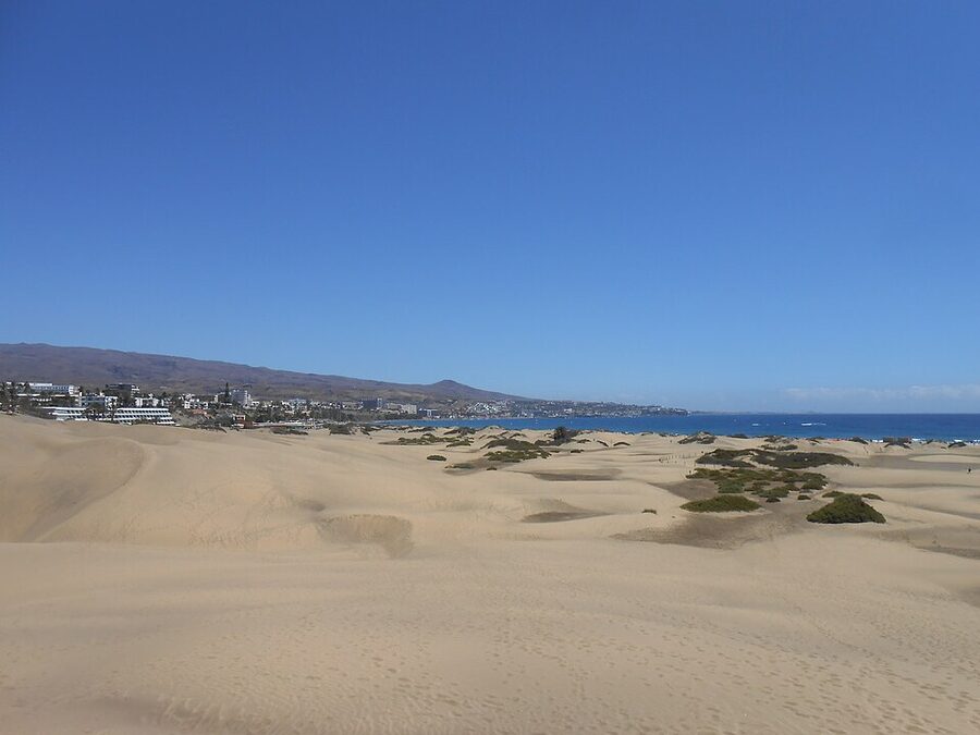 Maspalomas Dunes nature reserve from the air showing the protected sand expanse