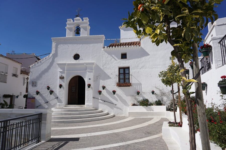 Whitewashed church facade in Mijas Pueblo Andalusia