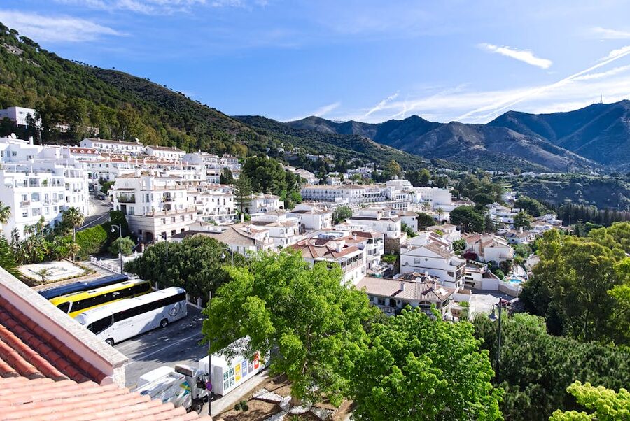 Mijas village viewed from the road in the Andalusian mountains