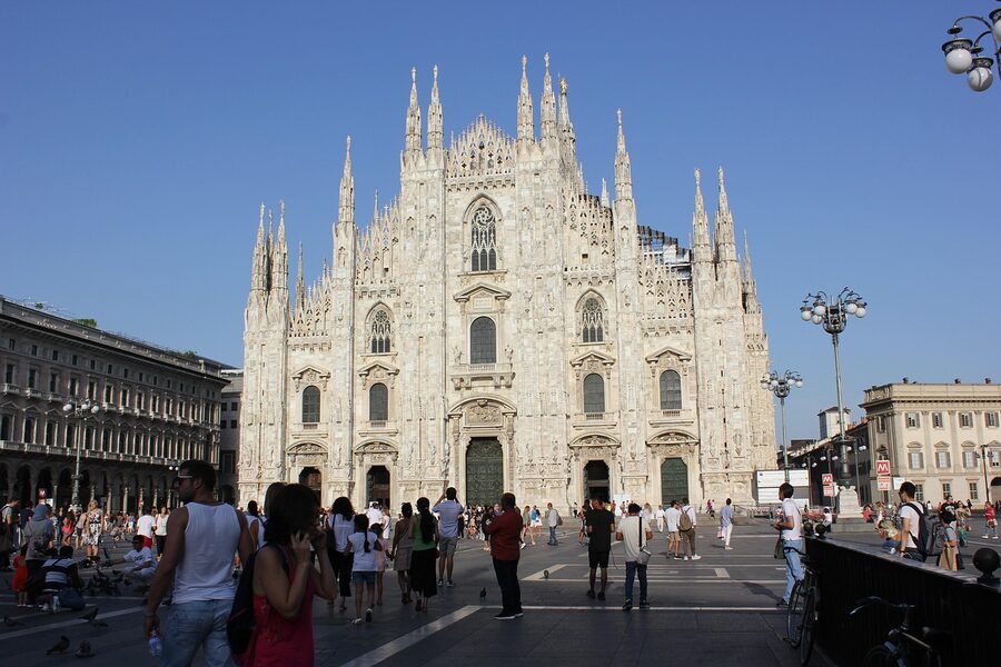 Piazza del Duomo Milan with Madonnina visible above the cathedral