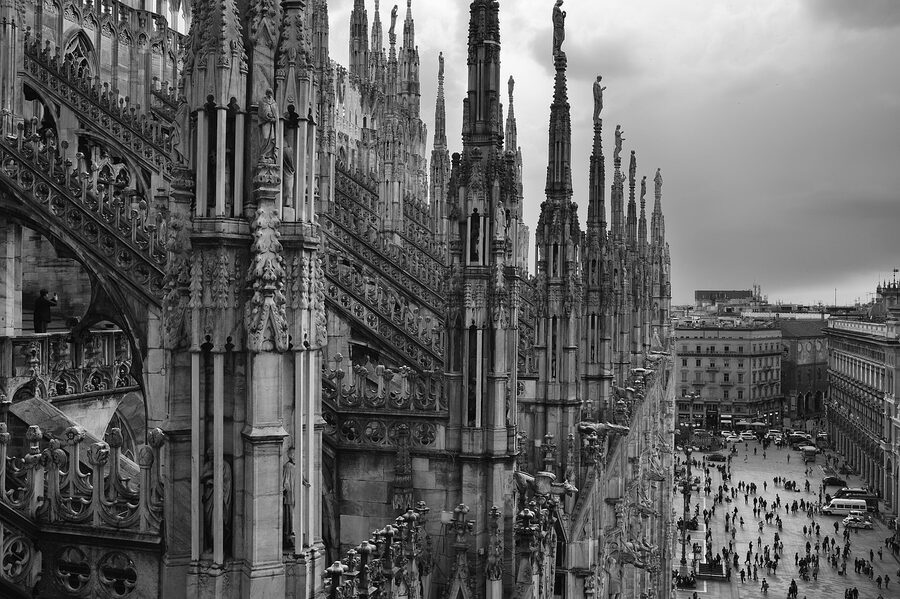Milan Duomo spires and statues close-up detail