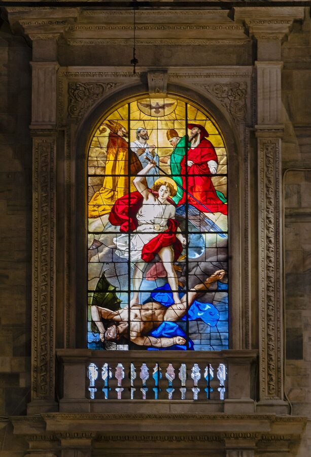 Stained glass window inside Milan Duomo