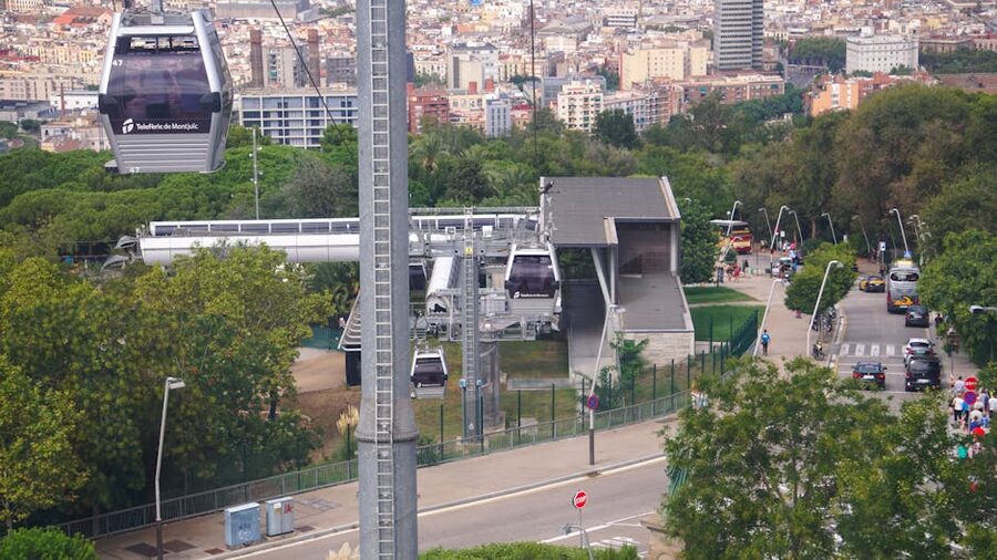 Aerial view of Montjuïc Cable Car gondolas above Barcelona