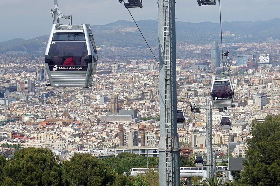Montjuïc Cable Car station with white gondolas Barcelona