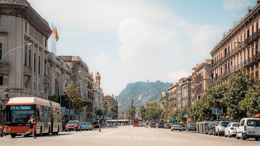 View of Montjuïc mountain from a Barcelona street