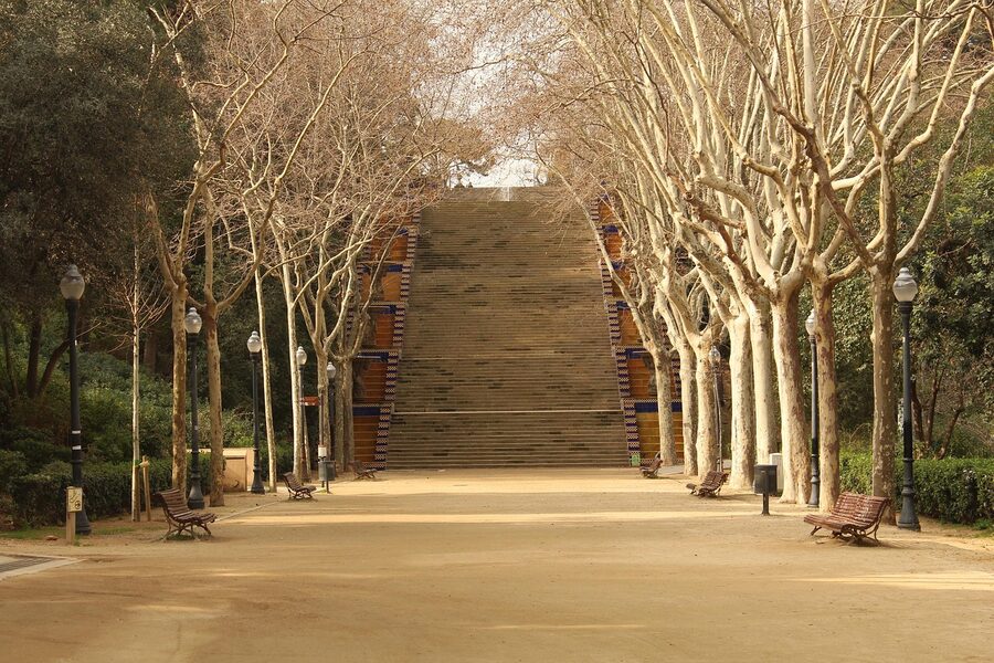 Wooded paths and steps on Montjuïc hill Barcelona