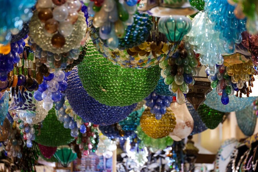 Murano glass chandeliers in showroom display