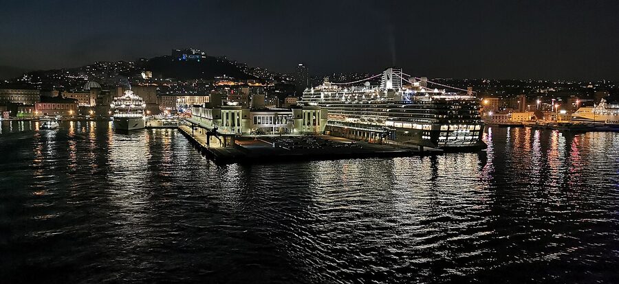 Molo Beverello ferry port at night in Naples with hydrofoils