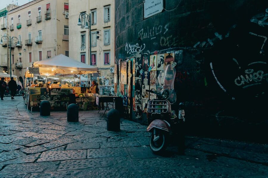 Naples evening street market scene in the historic centre