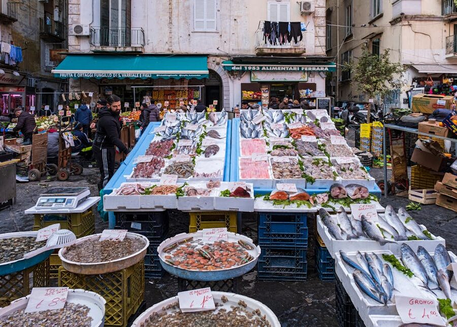 Naples fish market with fresh seafood on display