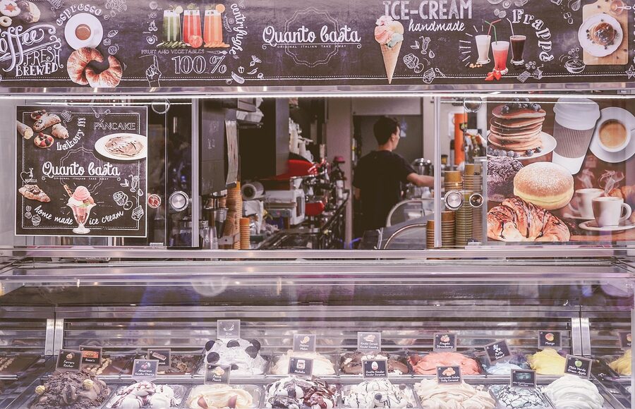 Italian gelato shop display ice cream stand