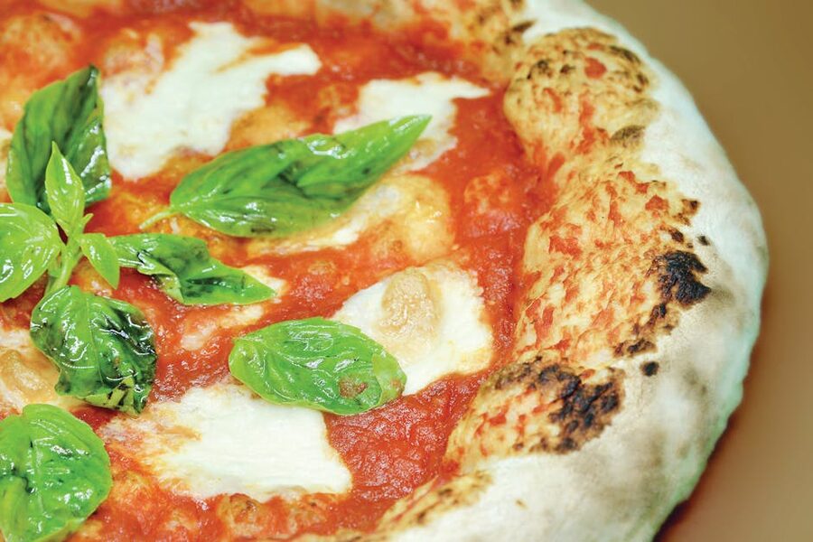 Neapolitan pizza with mozzarella and basil close-up