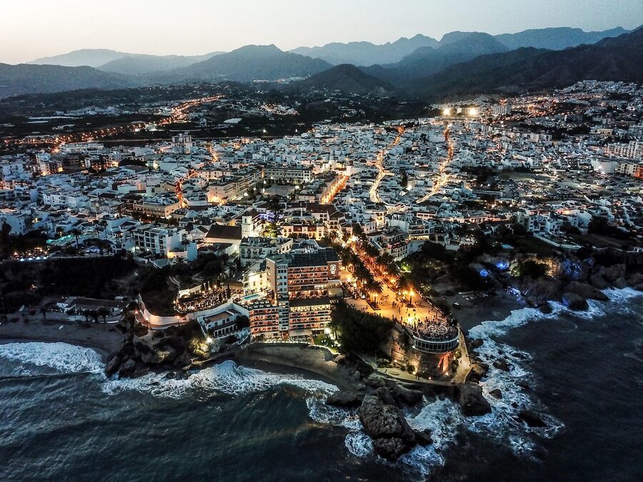 Balcón de Europa Nerja at dusk with city lights