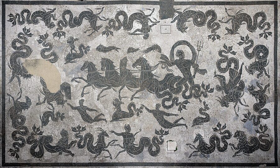 Black and white mosaic of Neptune at the Baths of Neptune, Ostia Antica