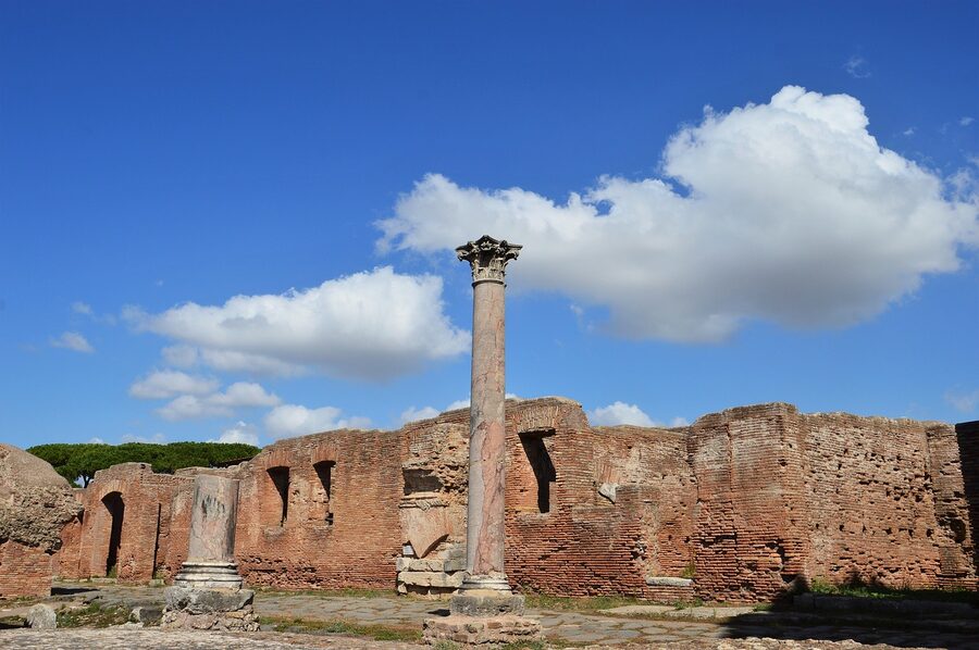 Ostia Antica monument and ruins under a clear blue sky